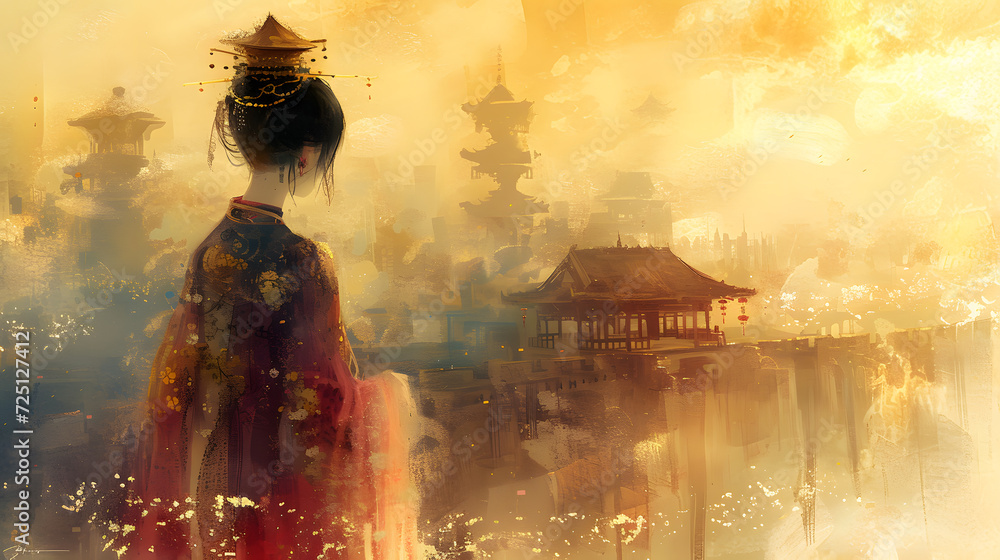 Chinese art print : beauty girl in traditional chinese dress, in the ...