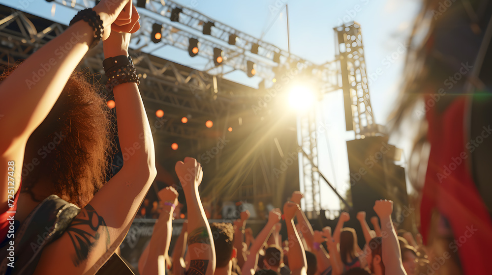 Outdoor concerts during the day, rock performances on stage, people ...