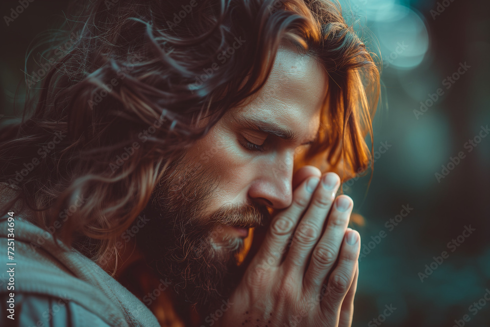 Jesus of Nazareth praying in Gethsemane, asking God for answers, solemn ...
