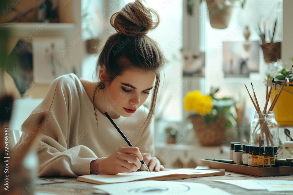 Female model as a calligrapher Creating elegant lettering in a bright ...