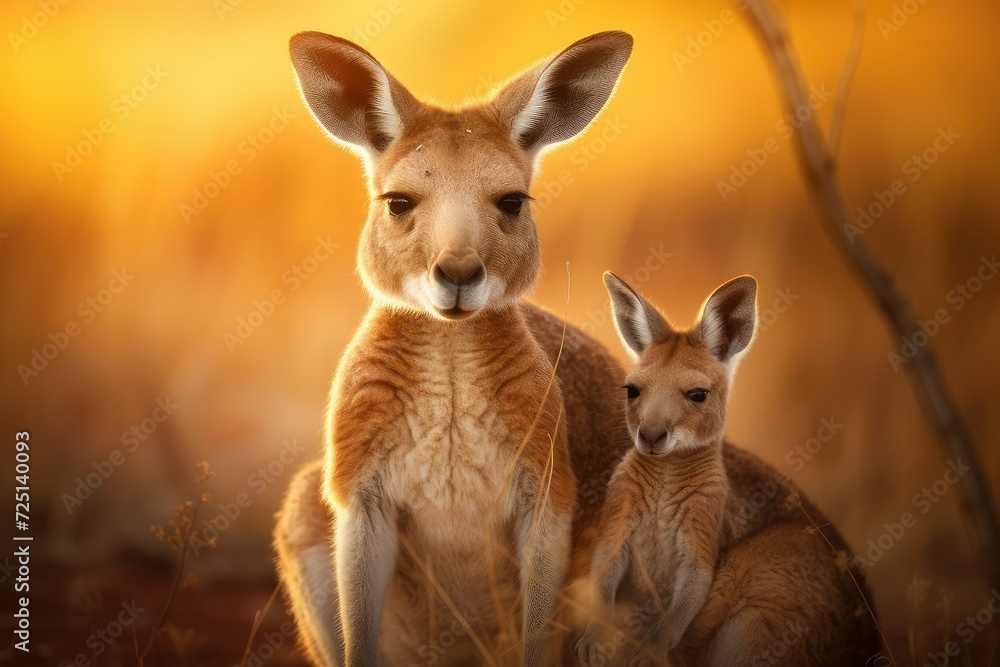 Cute kangaroo family, mother and child. Kangaroo mother and joey in the ...