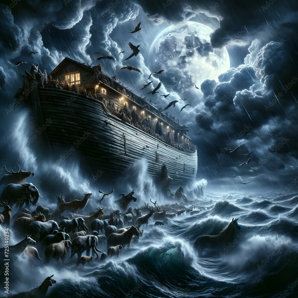 Stormy Night on Noah's Ark: Full Moon Illumination Amidst Turbulent Seas and Diverse Wildlife ...