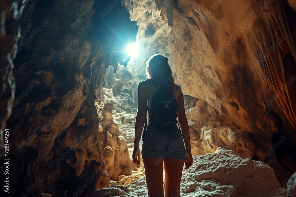 Petite woman with a backpack and baseball cap scared and lost in a cave ...