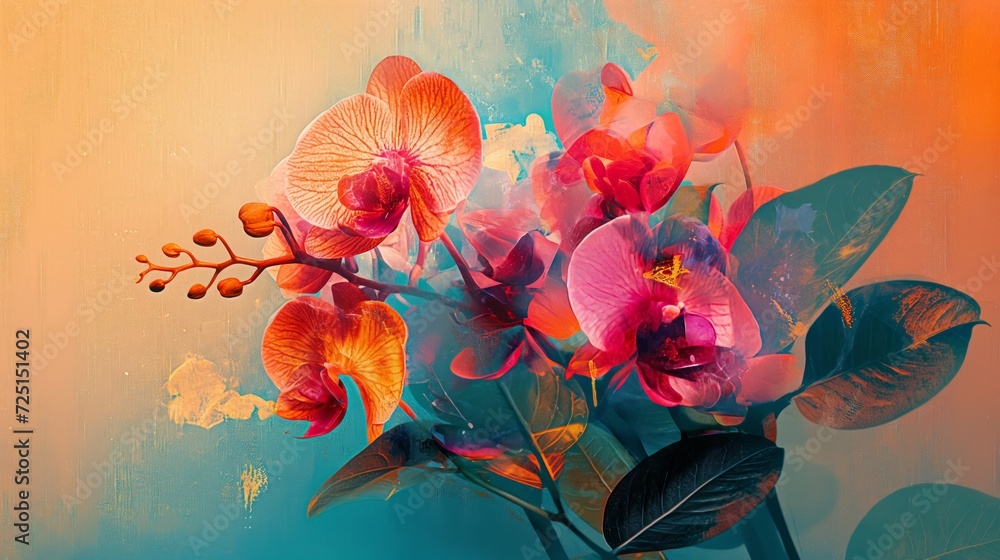 A modern abstract floral artwork collage. The shapes and colors of ...