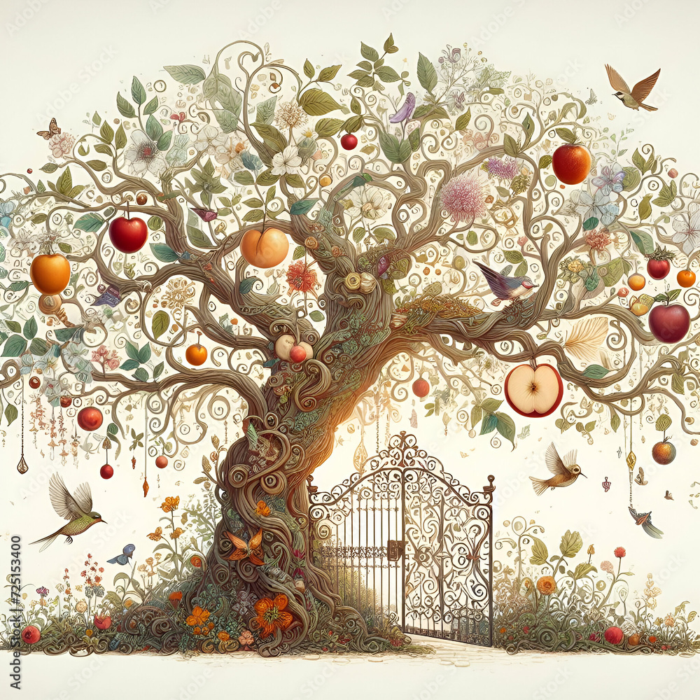 Sacred Bible Healthy Tree of Life with Fruits, Flowers, and Birds and ...