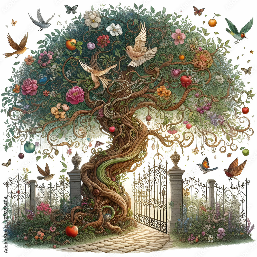 Sacred Bible Healthy Tree of Life with Fruits, Flowers, and Birds and ...