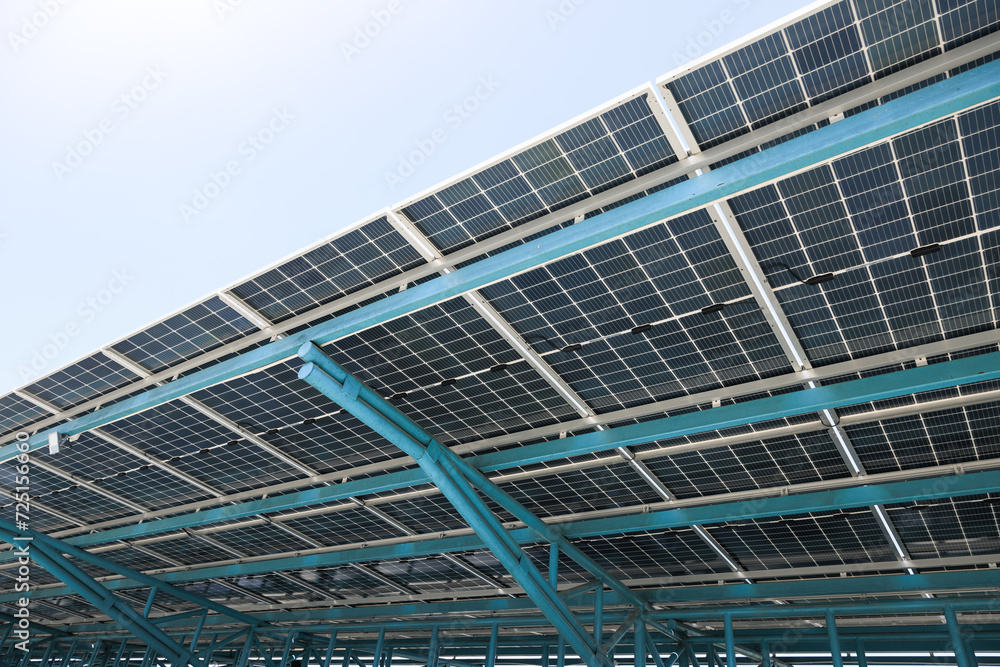 Solar car parking or parking lot at outdoor. Roof canopy covered or construction from solar ...