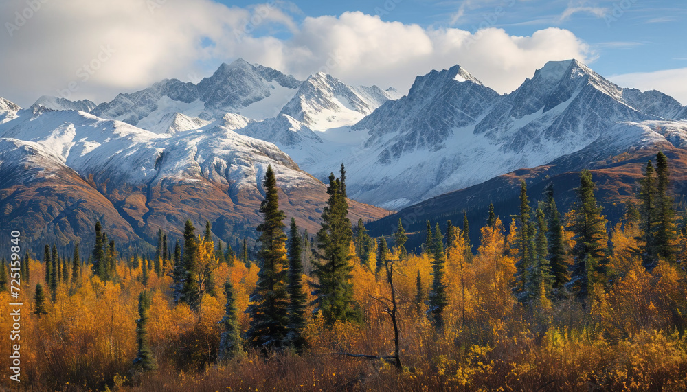 Snowy mountains of Alaska, landscape with forests, valleys, and rivers in daytime. Breathtaking ...