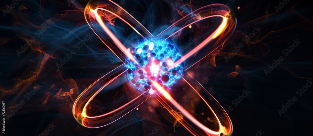 Graphic illustration of black background shows isolated atom splitting ...