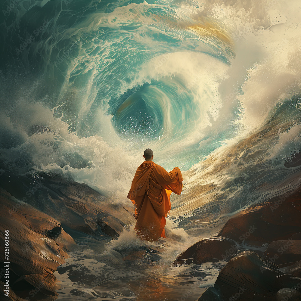 Buddhist mystic monk in traditional orange robe in the stormy sea ...