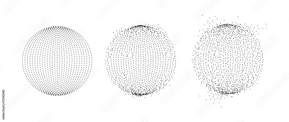 Set of dotted spheres with dissolve effect. Stipple disintegrating ...