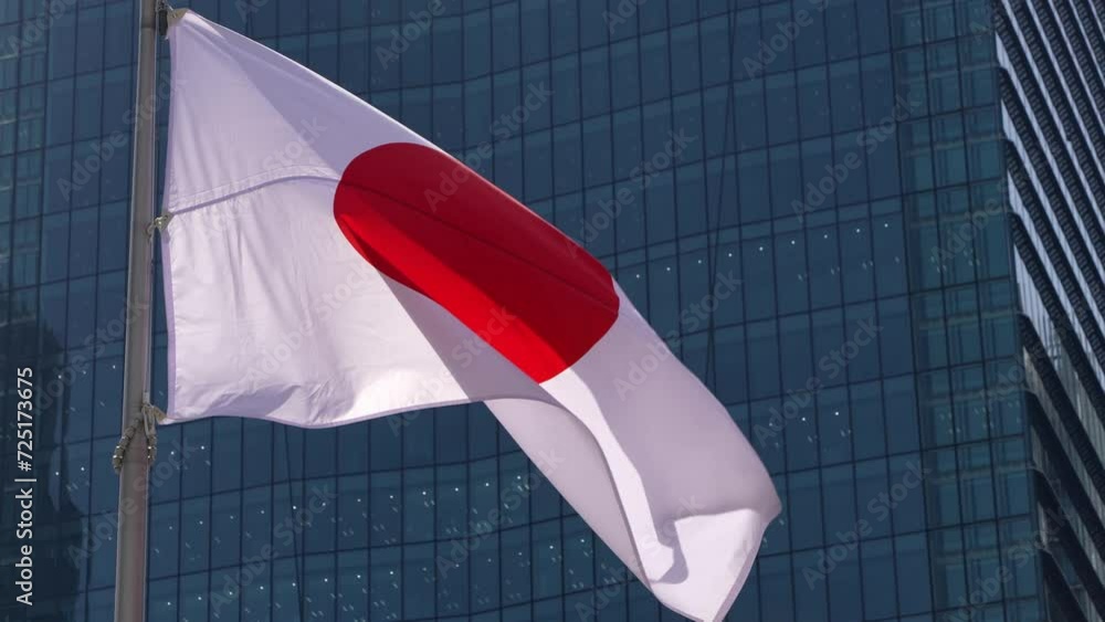 Slowmotion of a Japanese flag waving in a modern skyscraper city ...