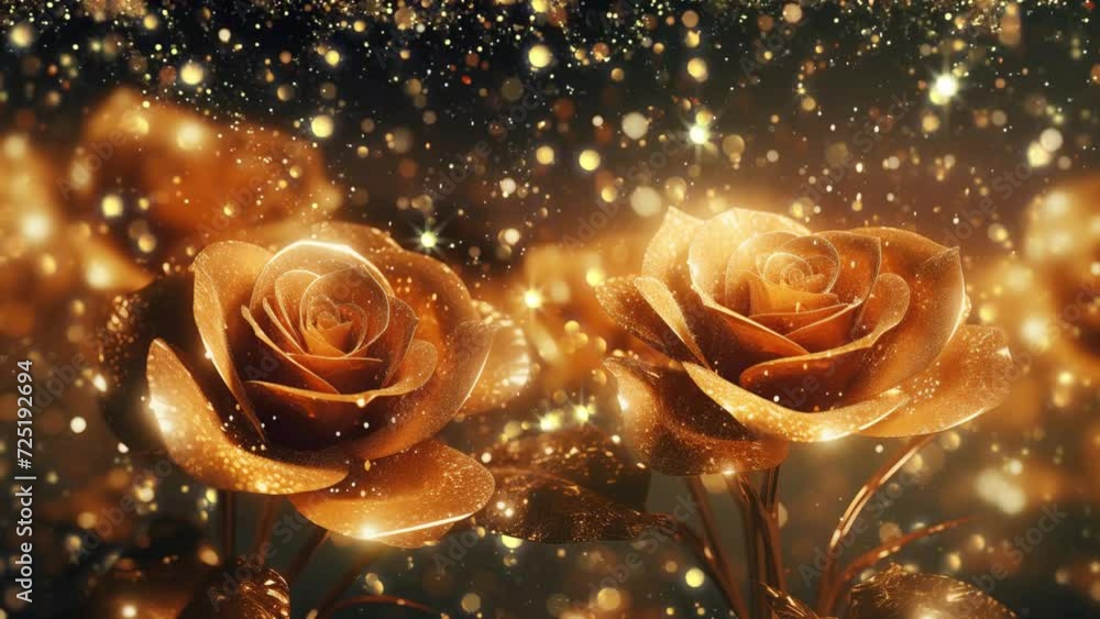 Golden roses animated with particles flying around. Elegant golden ...