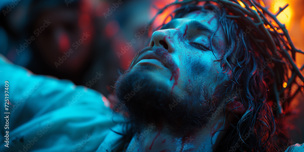 Jesus Christ on the cross, in Extreme Close-Up with Dynamic Blue Light ...