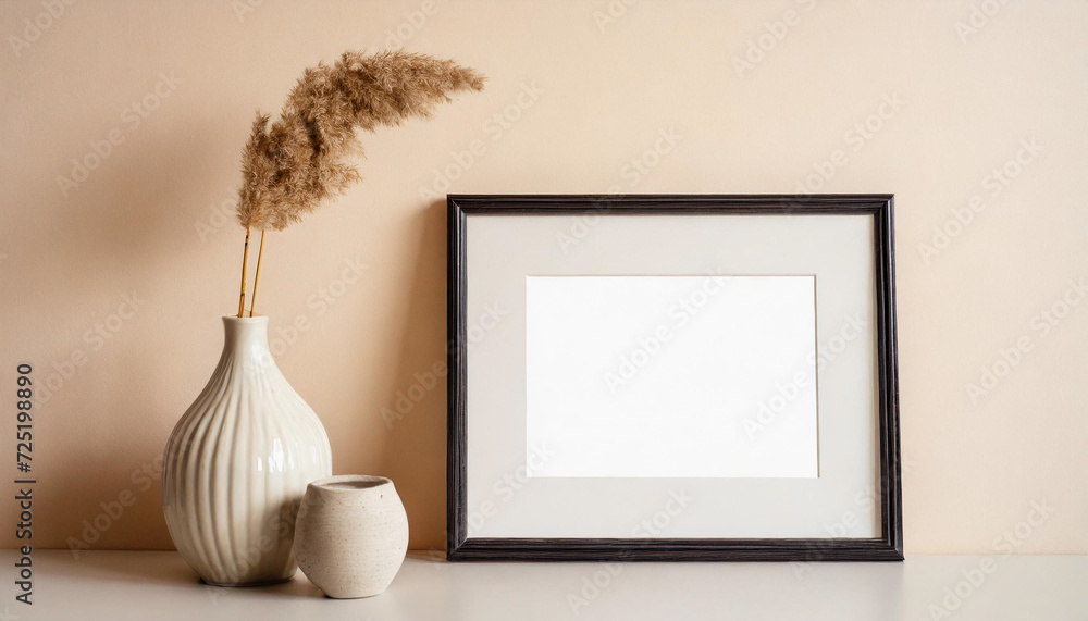 Empty horizontal frame mockup in a chic minimalist interior with a ...