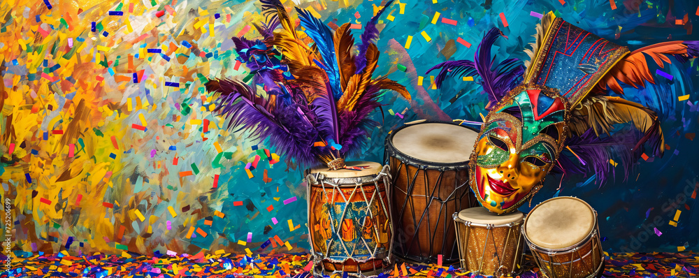 Brazilian and african colorful drums with carnival mask and feathers ...