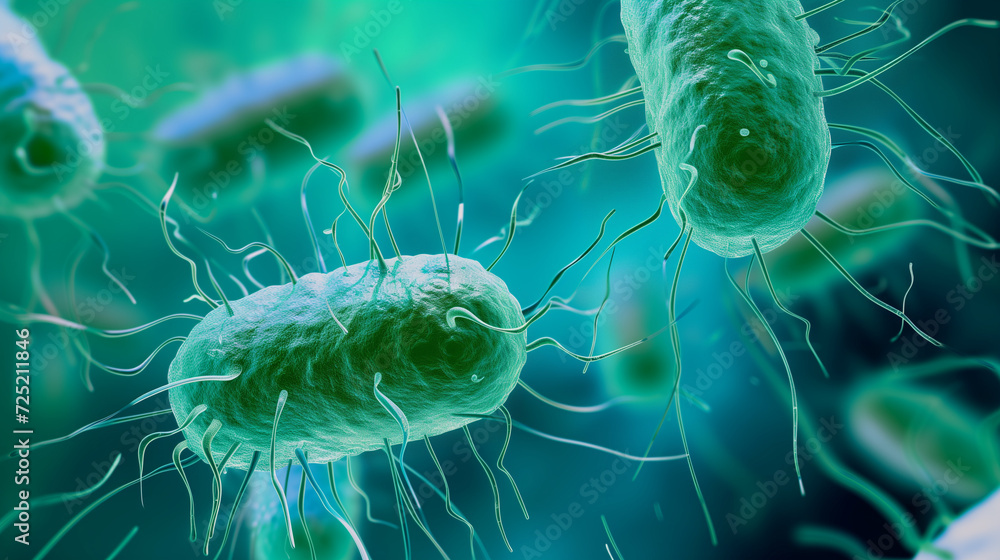 3D illustration of bacteria Escherichia coli with flagella on a ...