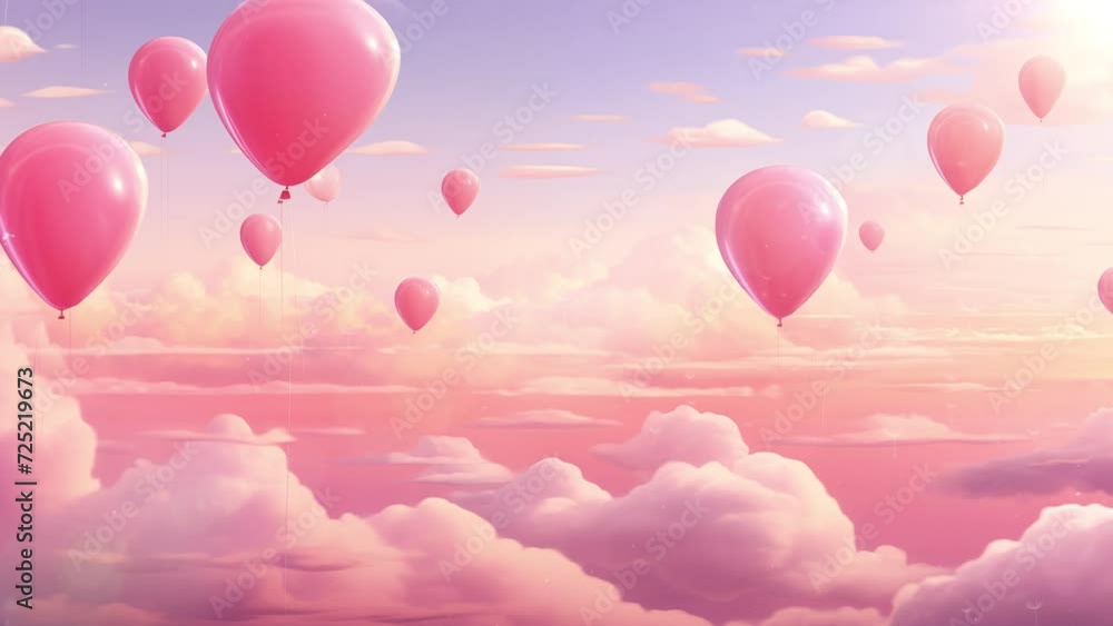 Balloons float among clouds in happy pink sky. balloons in the sky ...