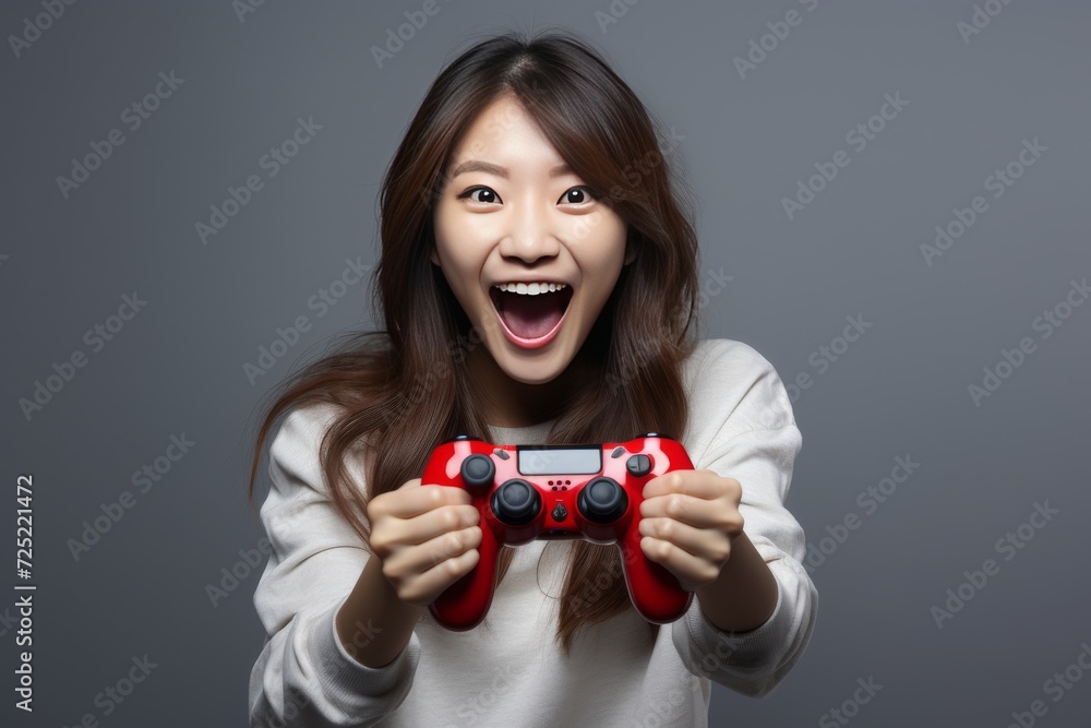 An Asian female gamer, fully immersed in the gaming experience, is using a joystick controller ...