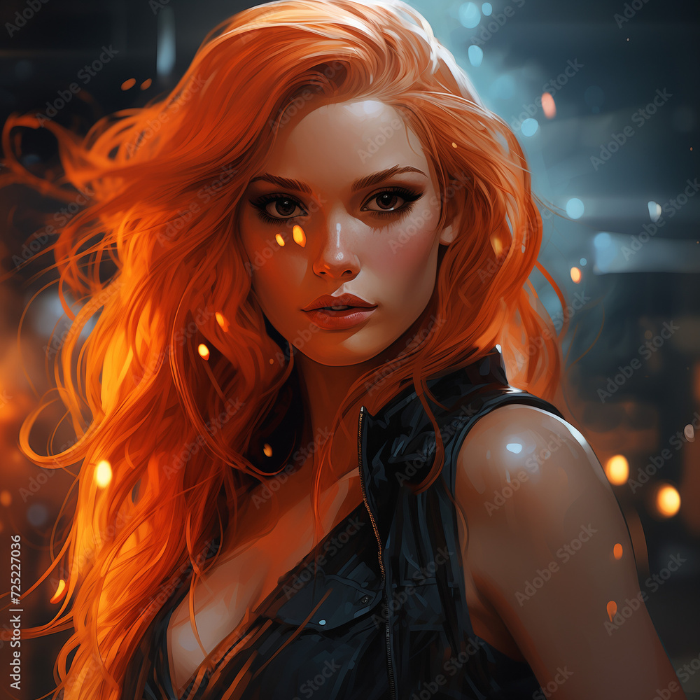 Firey red head in black shrit with embers around Stock Photo | Adobe Stock