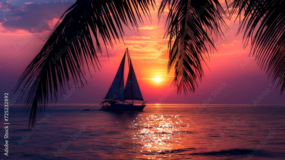 beautiful sunset view on beach with sailboat and coconut tree palm ...
