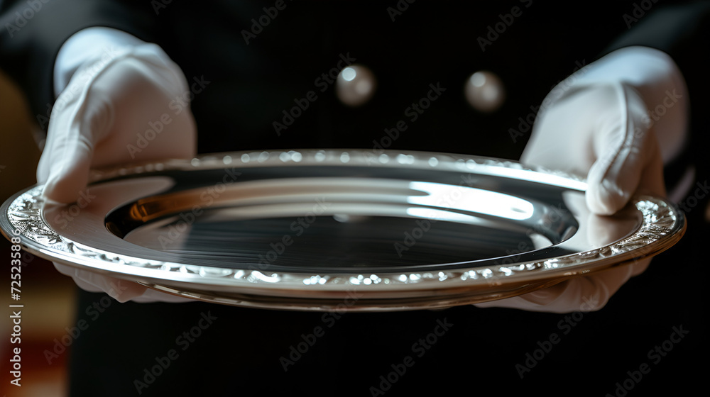 Waiter tray butler hand serve hold plate isolated white man silver ...