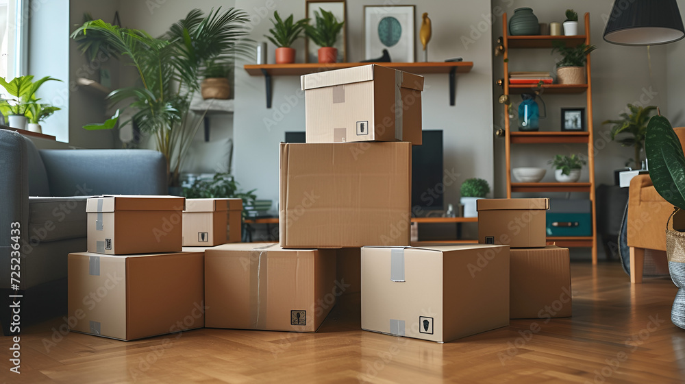Stack of cardboard boxes with stuff and office chair in empty office ...