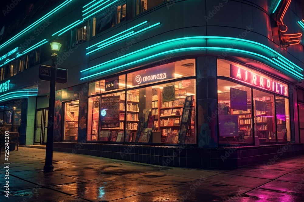 Neon lights outlining the edges of a retro-inspired sci-fi bookstore ...