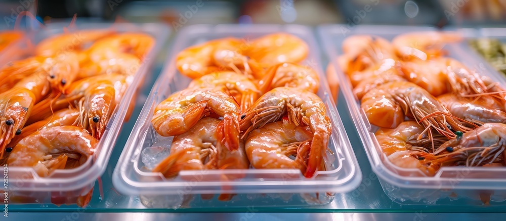 Supermarket displays frozen prawns; shrimp frozen in freezer. Stock ...