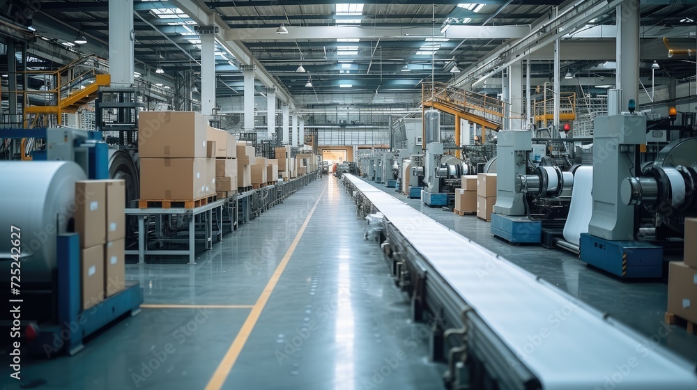 Inside the factory of a printing company, processed packages are lined ...