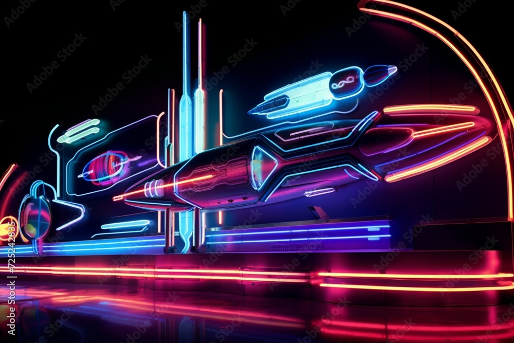 Neon lights tracing the edges of a retro-inspired spaceship exhibit at ...
