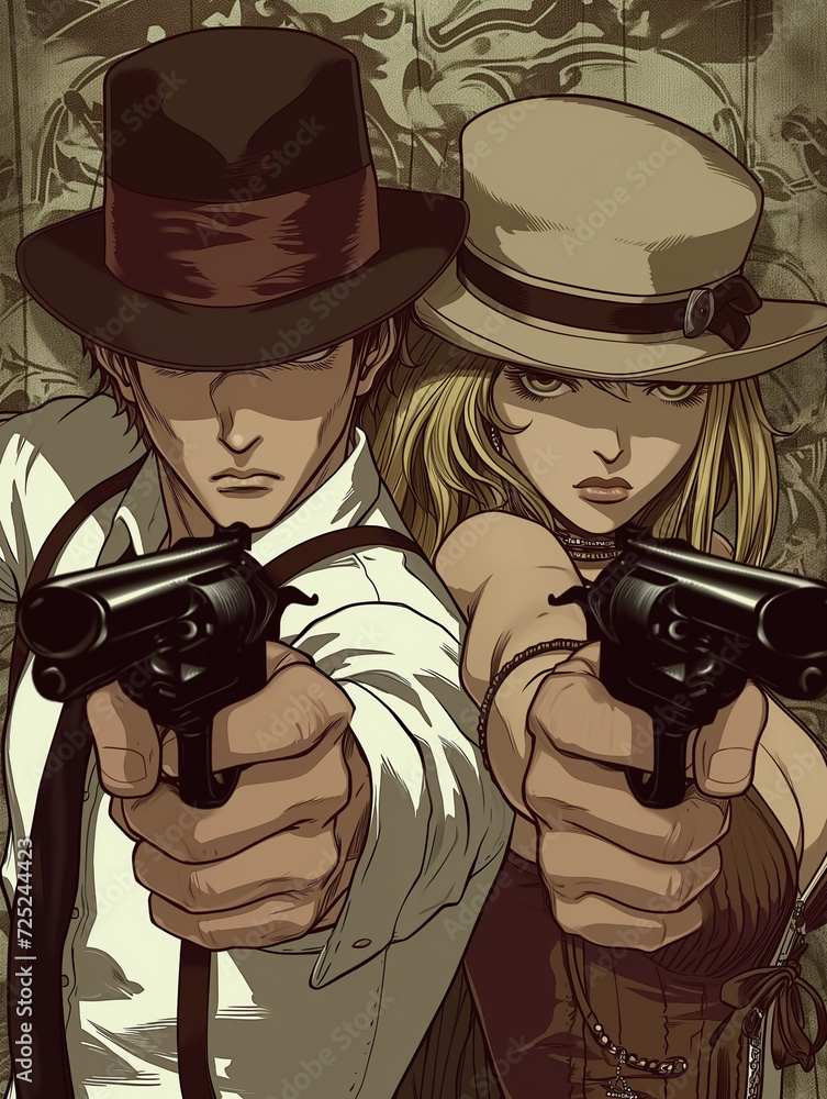 In an anime-style illustration, a close-up depicts Bonnie and Clyde ...