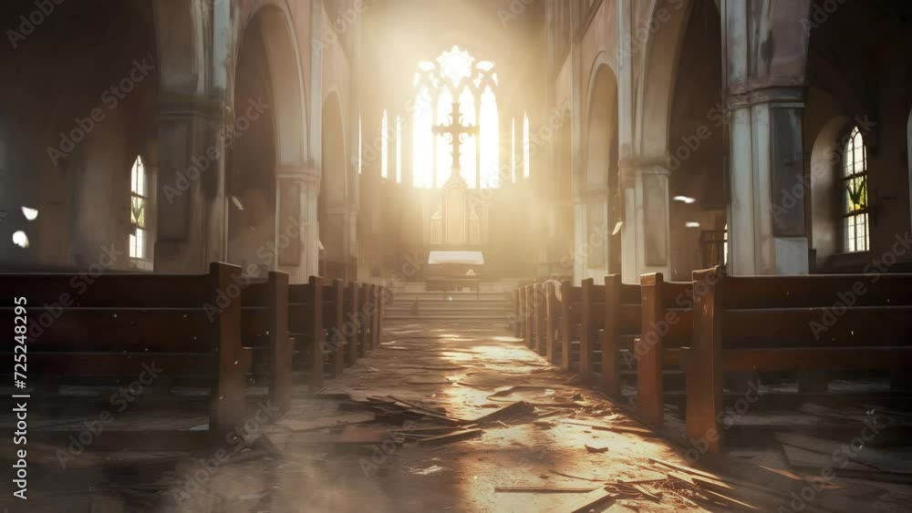old deserted church interior with sunlight shining. interior of church ...