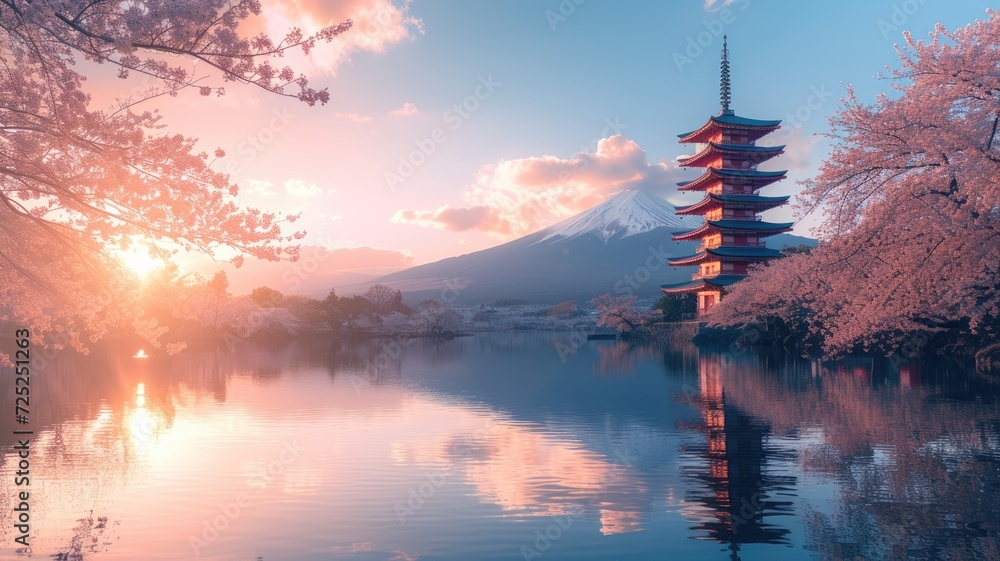 Gradient Japanese temple with lake Stock Photo | Adobe Stock