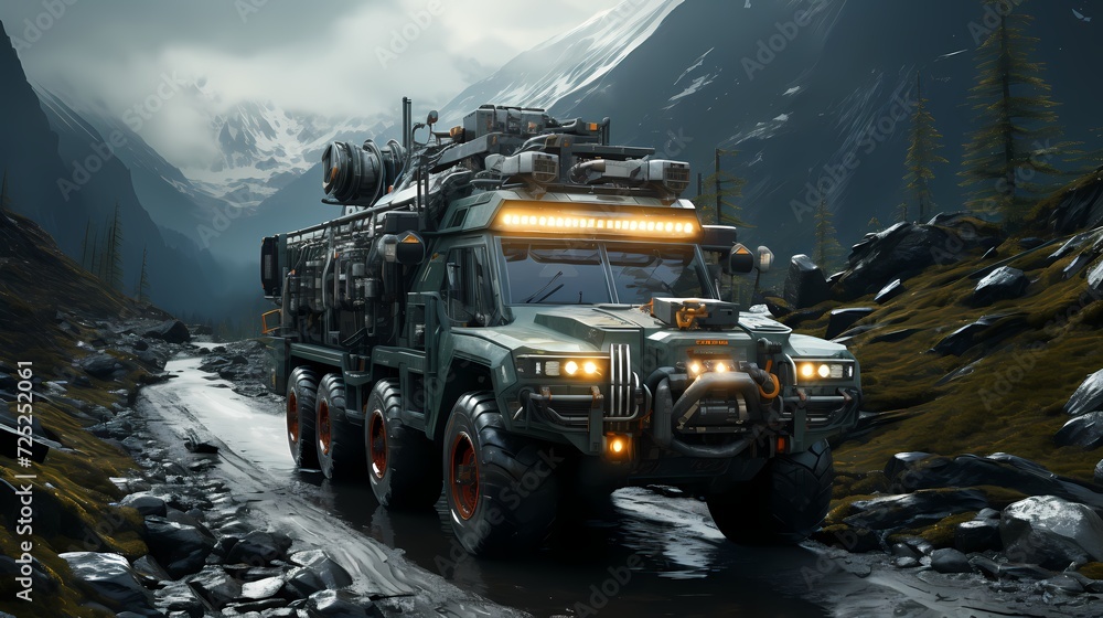 A heavily armored AI-driven convoy, featuring autonomous military ...