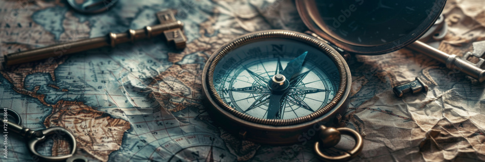 vintage compass and keys on a black and white map, generative AI Stock ...