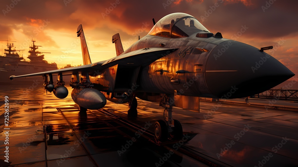 Fighter jet taking off from an aircraft carrier at sunrise, with a city ...