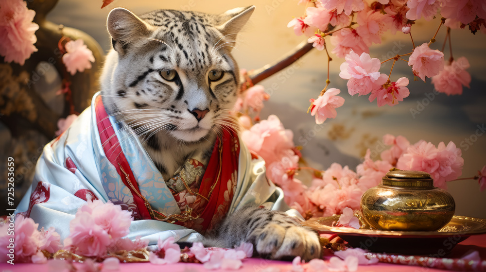 Picture a sophisticated leopard in a silk kimono, adorned with cherry ...