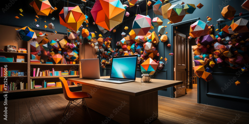 Vibrant and colorful educational workspace with floating geometric ...