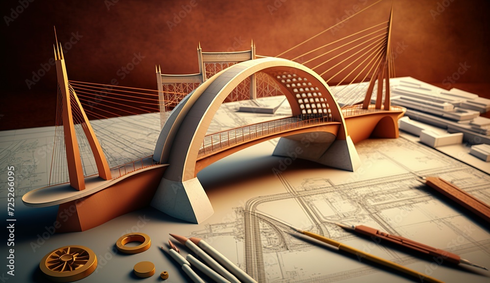 vision of architecture of a 3d model bridge project with blueprint ...