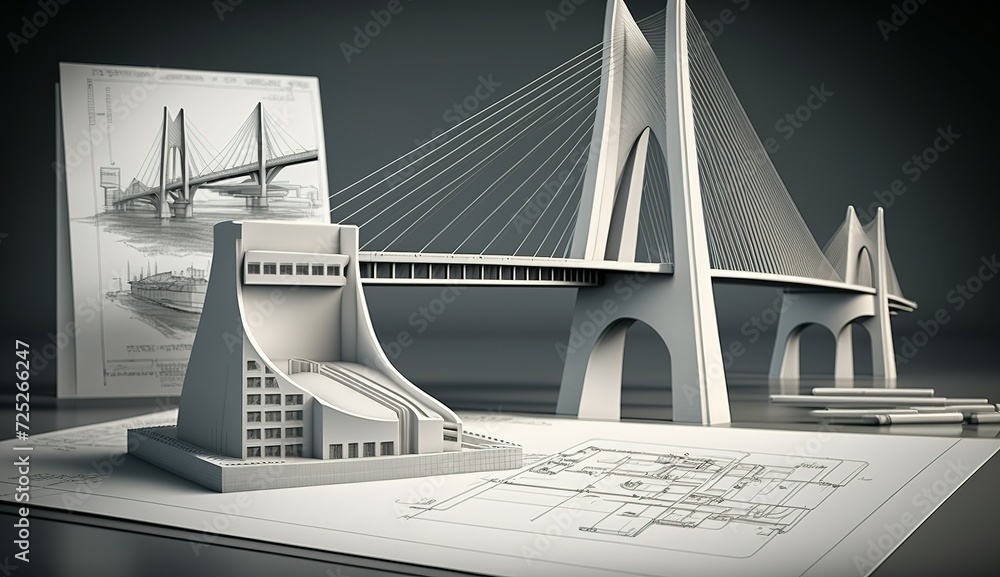 vision of architecture of a 3d model bridge project with blueprint ...