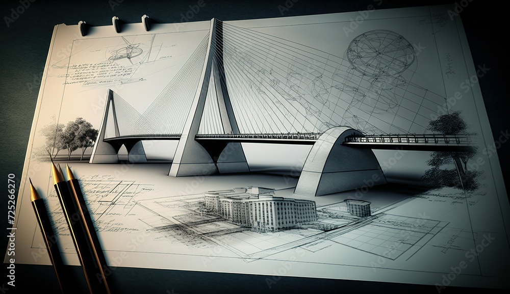 vision of architecture of a 3d model bridge project with blueprint ...