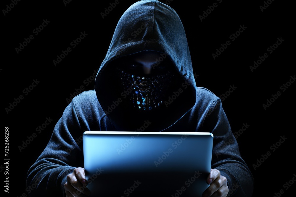A masked and hooded hacker intently typing on a laptop, attempting to ...