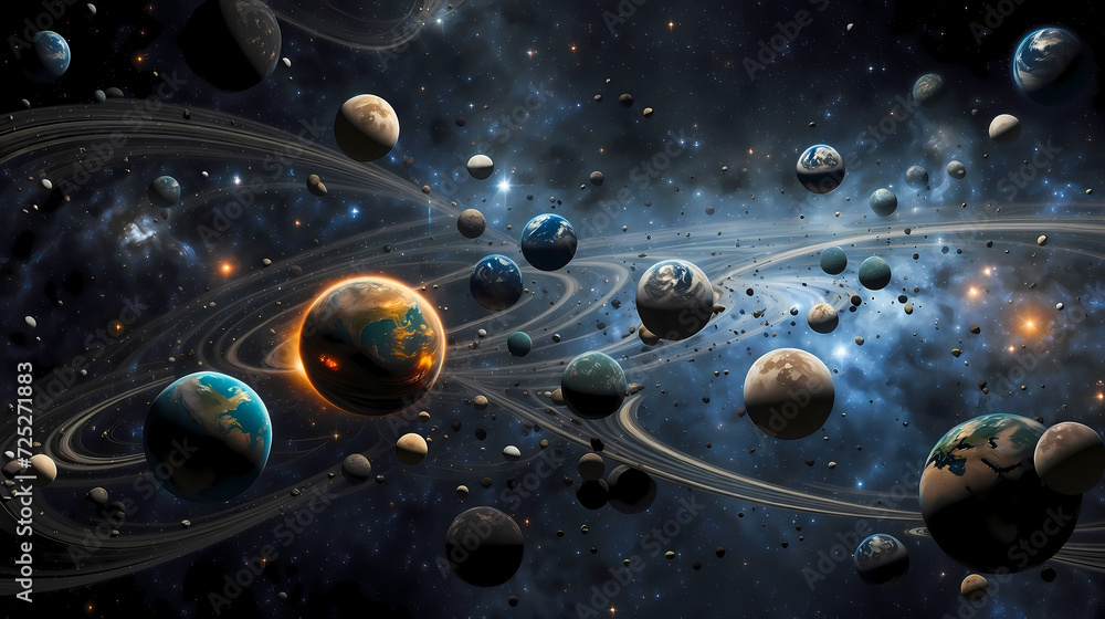 A cosmic scene where all the planets deviate from their proper paths ...