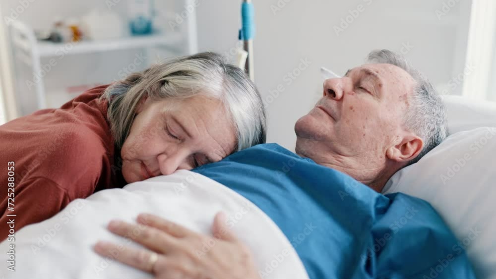 Senior couple, comfort and sick in hospital bed with love, unity and ...