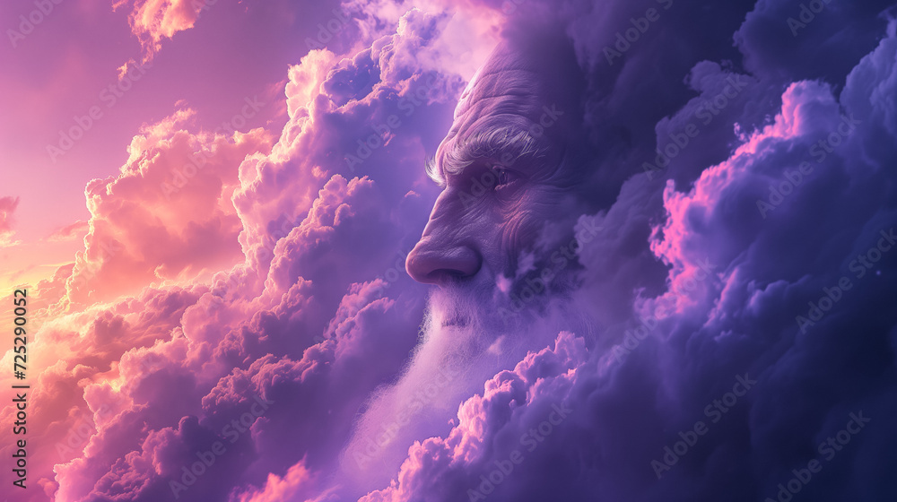 Surreal purple cloudscape with a serene man's face in profile, blending ...