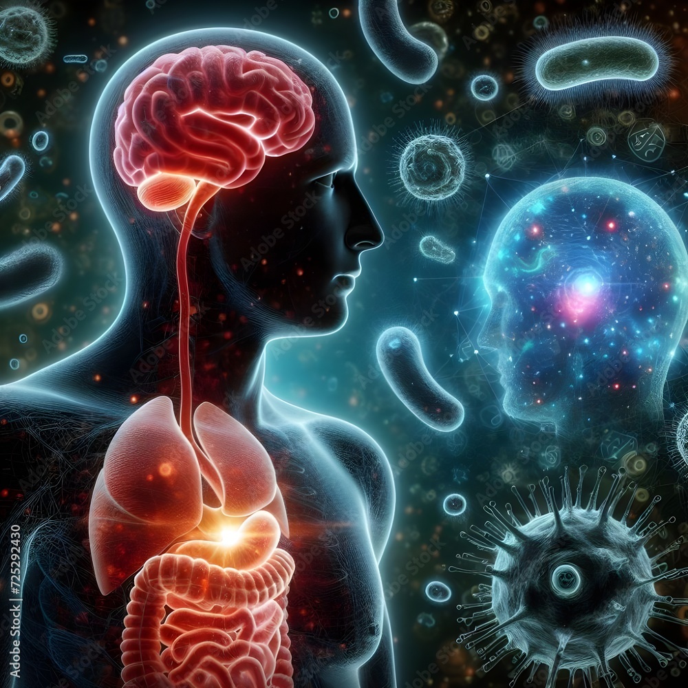 Human silhouette with glowing stomach brain connection and expanded ...