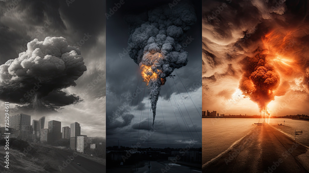 High power explosion of different types of charge, collage. Stock Photo ...