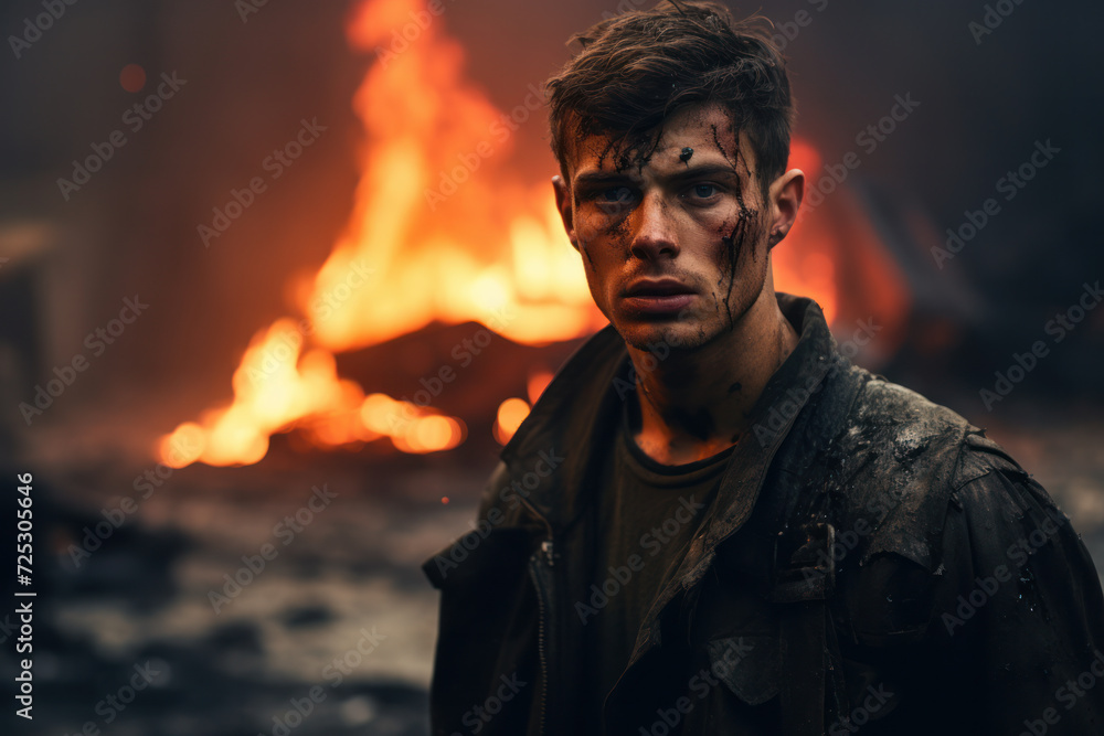 Firefighter man after extinguishing fire showing exhaustion and bravery ...