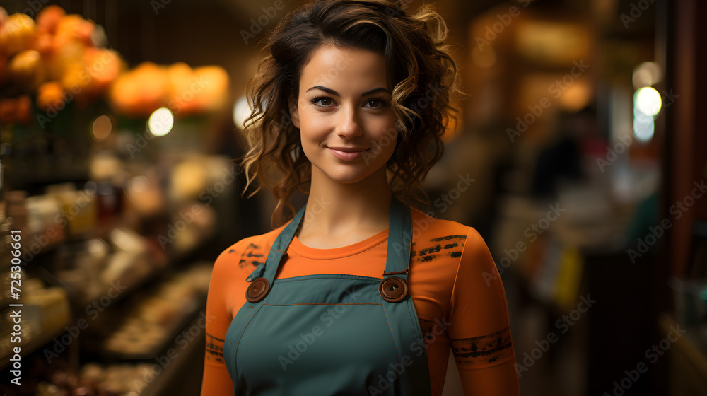 bustling retail store, a woman worker stands out with her genuine smile ...